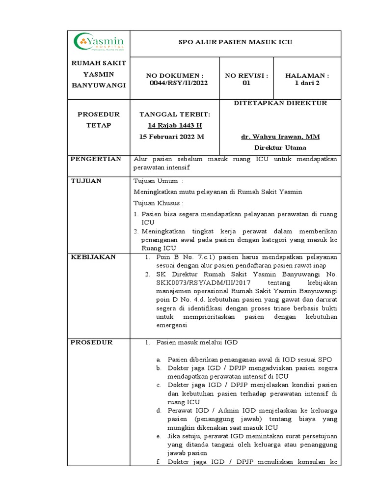Spo Alur Pasien Masuk Icu | PDF