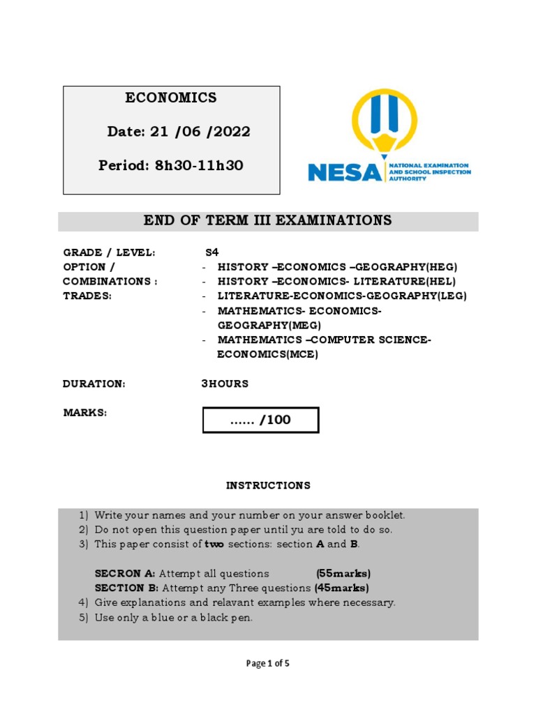 S4 Economics End Term Exam Guide | PDF