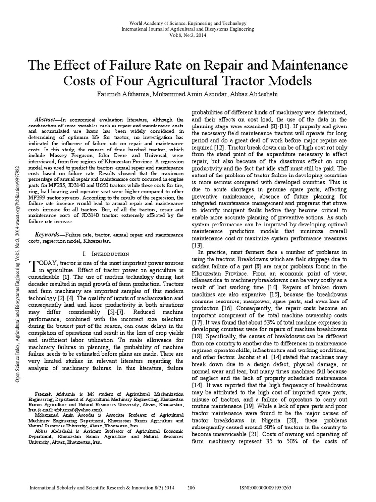 Failure Rate On Repair Costs | PDF | Reliability Engineering | Tractor