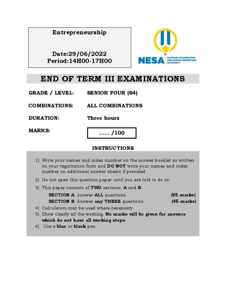 ENTREPRENEURSHIP S4 Questions and MARKING GUIDE | PDF