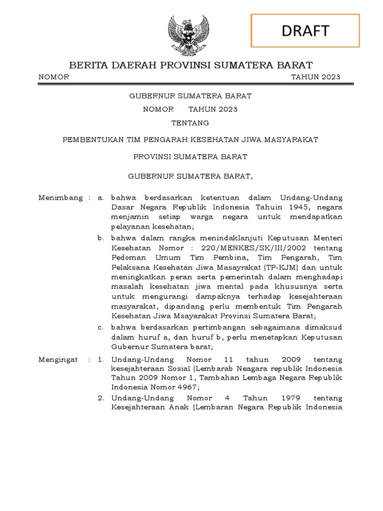 Draft SK Gubernur Tip TPKJM Sumbar | PDF | Pengembangan Diri | Kesehatan Holistik