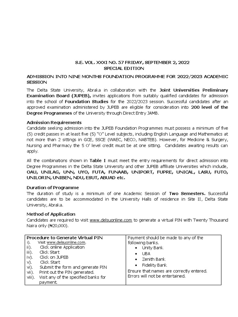 Admission Into Jupeb 2022 | PDF | Science | Engineering