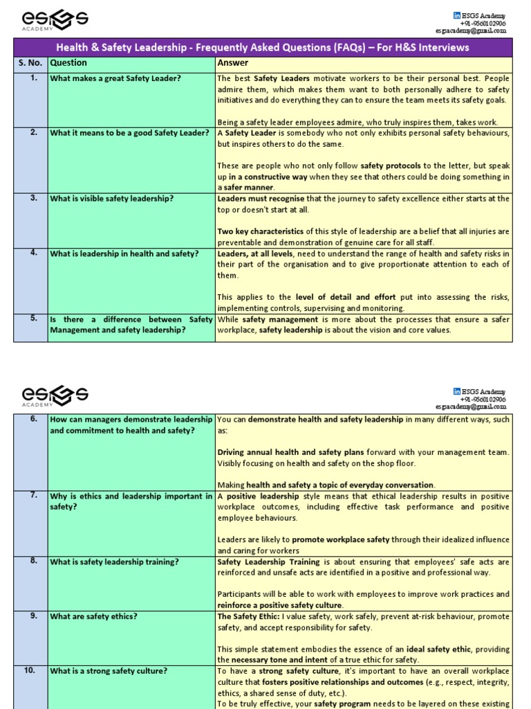 Health & Safety Leadership - Frequently Asked Questions (Faqs) - For H&S Interviews | PDF ...