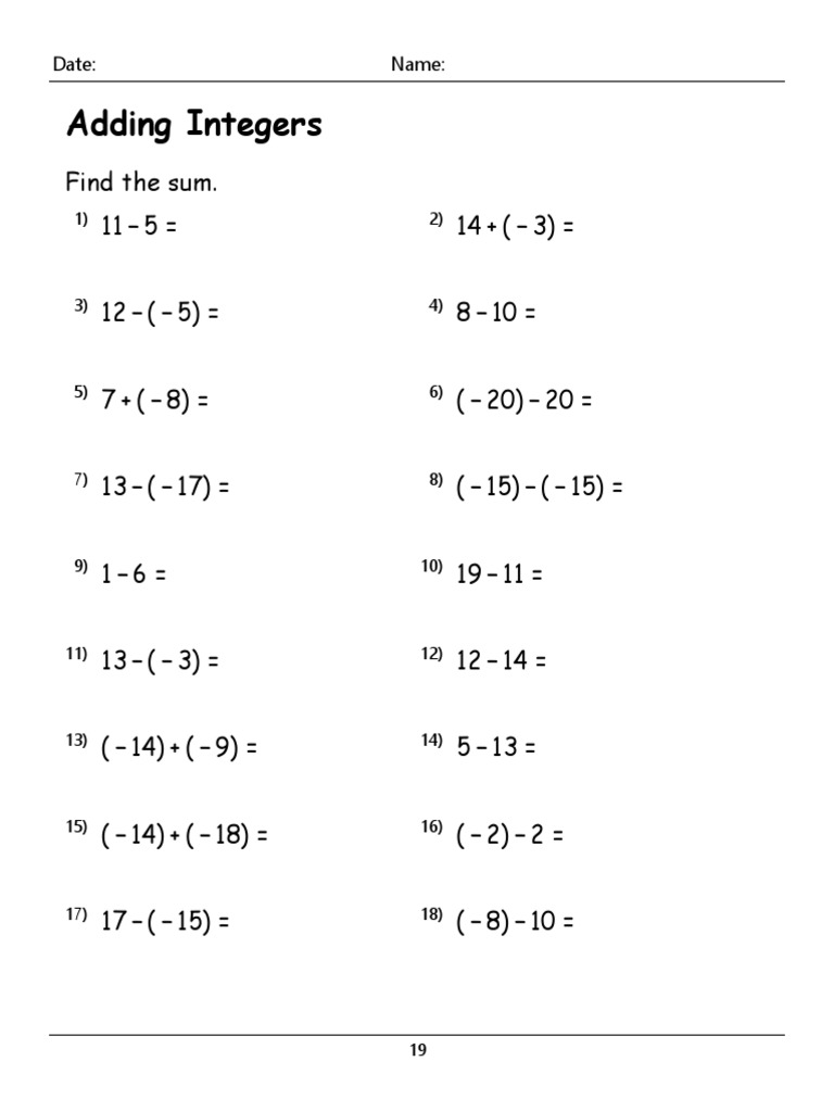 Adding Integers: Date: Name | PDF | Subtraction | Mathematical Objects