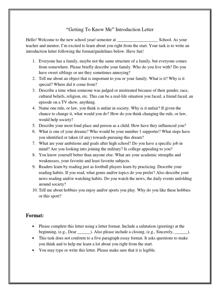 "Getting To Know Me" Introduction Letter: Format | PDF | To Kill A ...