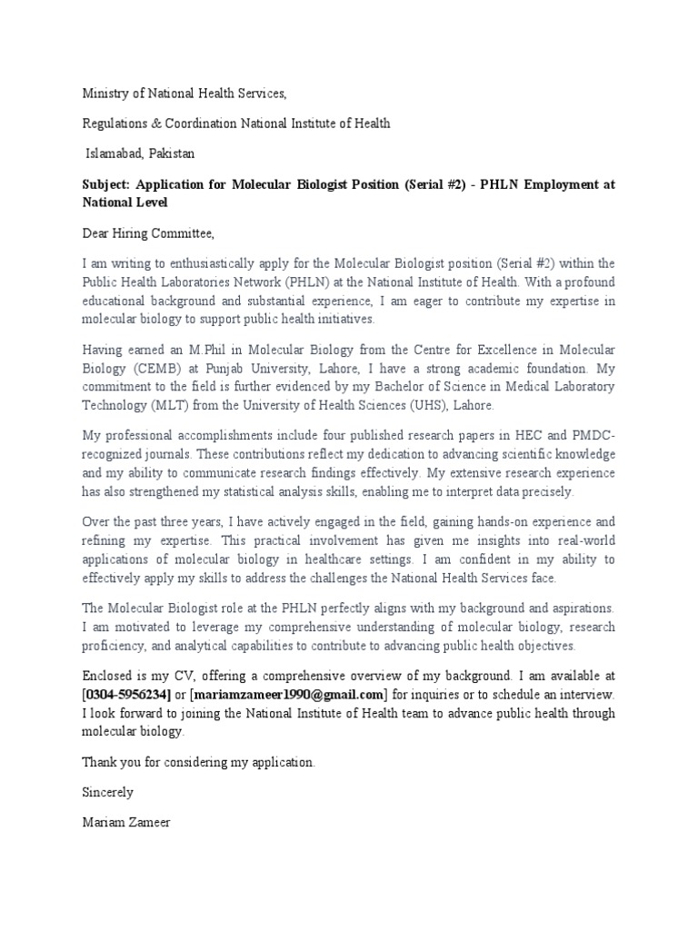 Ministry of National Health Services Molecular Cover Letter | PDF