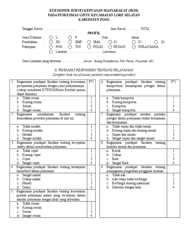Kuesioner Survei Kepuasan Masyarakat | PDF