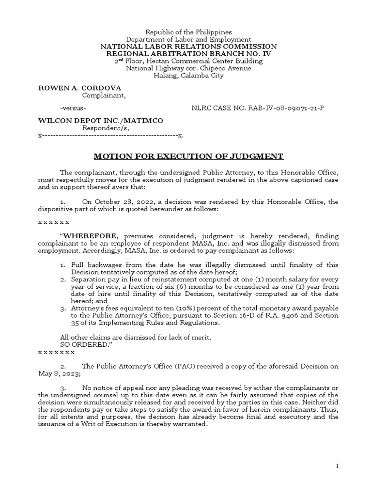 MOTION For EXECUTION Cordova | PDF