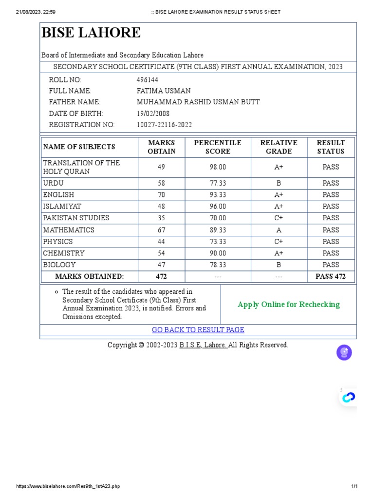 Bise Lahore Examination Result Status Sheet | PDF