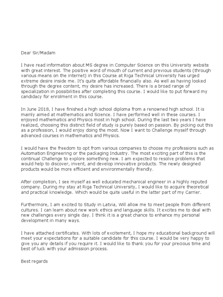 Motivation Letter For Master | PDF