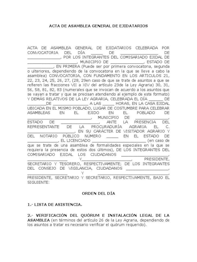 Acta de Asamblea General Ejidal | PDF | Finanzas y dinero | Política