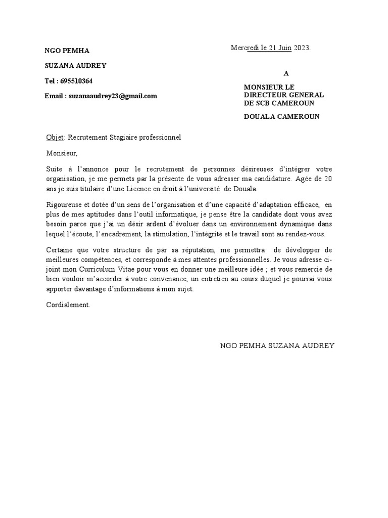 Lettre de Motivation NGO PEMHA AUDREY | PDF