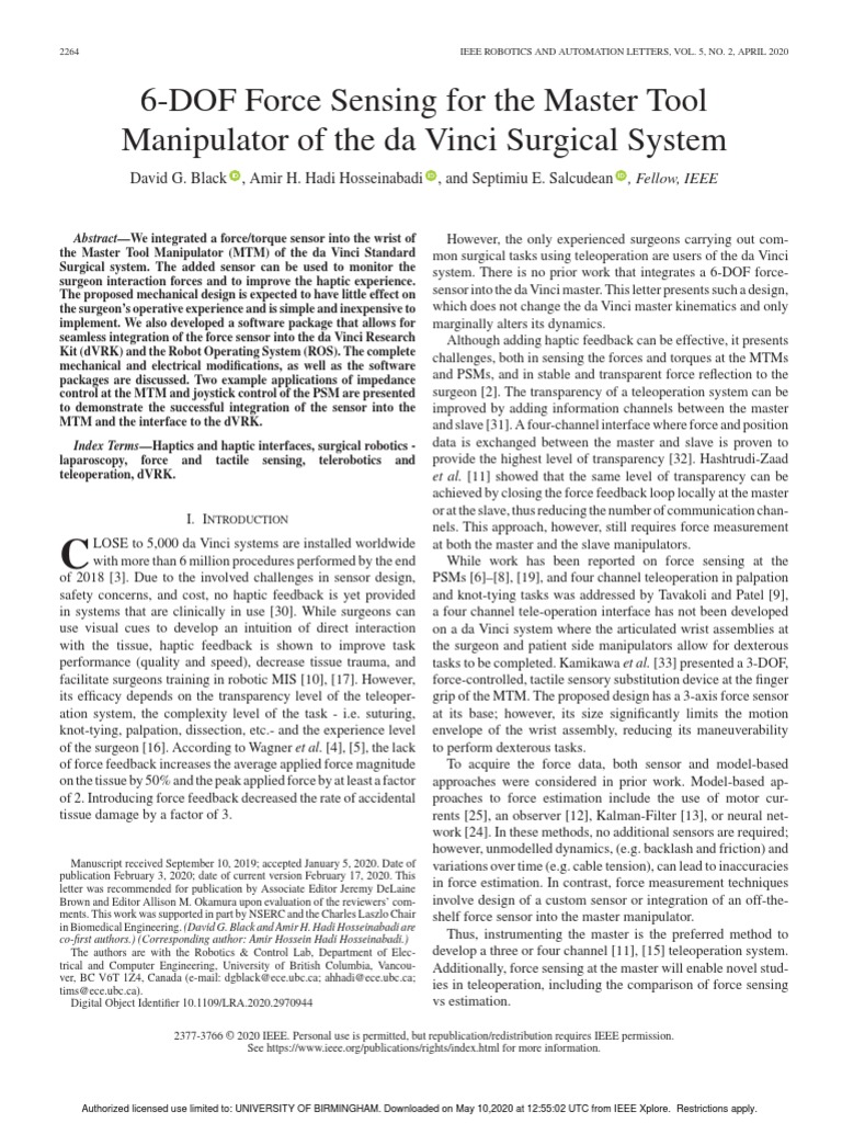 6 Dof Force Sensing For The Master Tool Manipulator Of The Da Vinci Surgical System Pdf