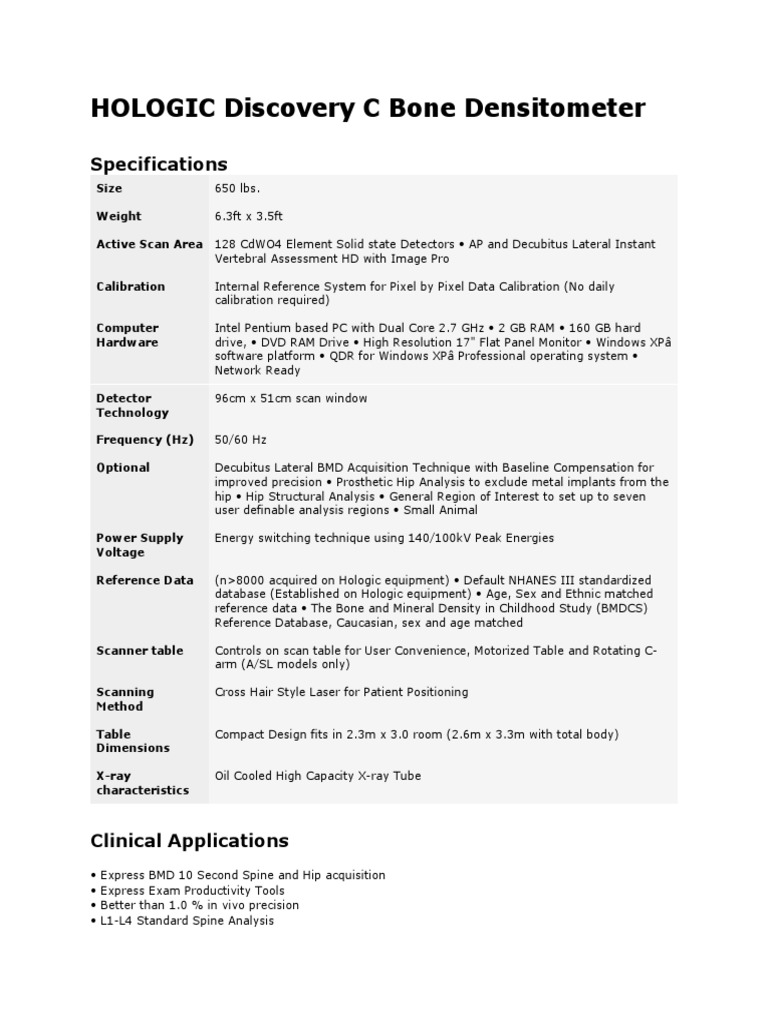 Hologic Discovery C Bone Densitometer Specs | PDF | Computers