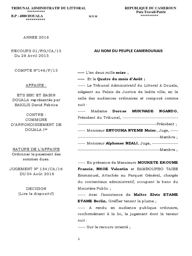 AFFAIRE ETS BBC ET BABIN DOUALA Contre (CAD 1ER) | PDF | Greffier | Séparation des pouvoirs