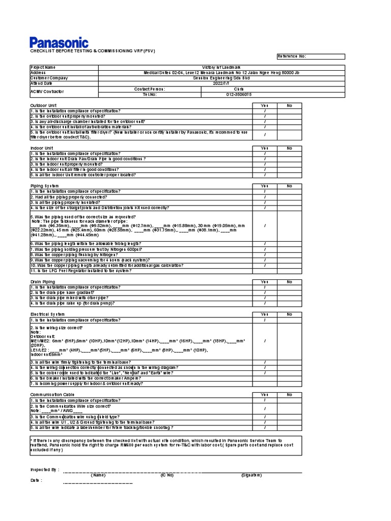 Pre T&C Checklist (3 Language) | PDF | Electrical Wiring | Pipe (Fluid ...