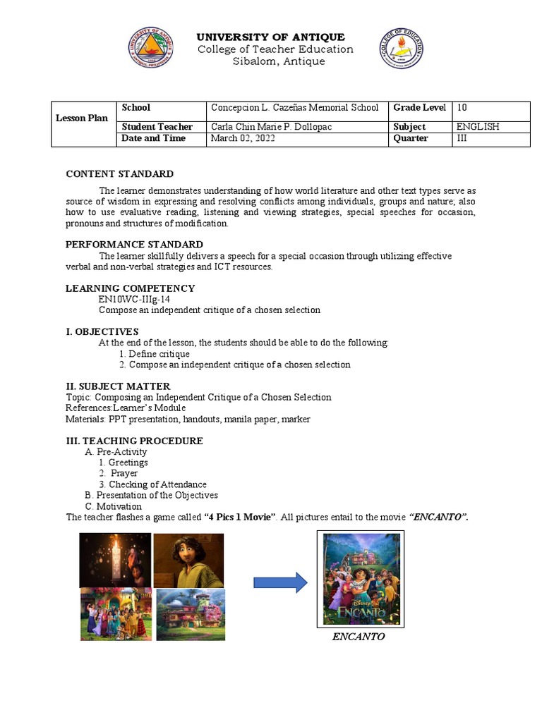Week 2 Lesson Plan (Final) | PDF | Evaluation | Lesson Plan