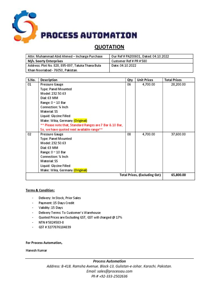 Quotation - PA200601 (Pressure Gauges) | PDF