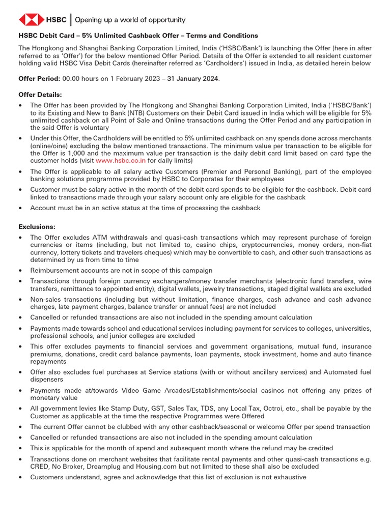 HSBC Debit Card Cashback TNC - 4 | PDF