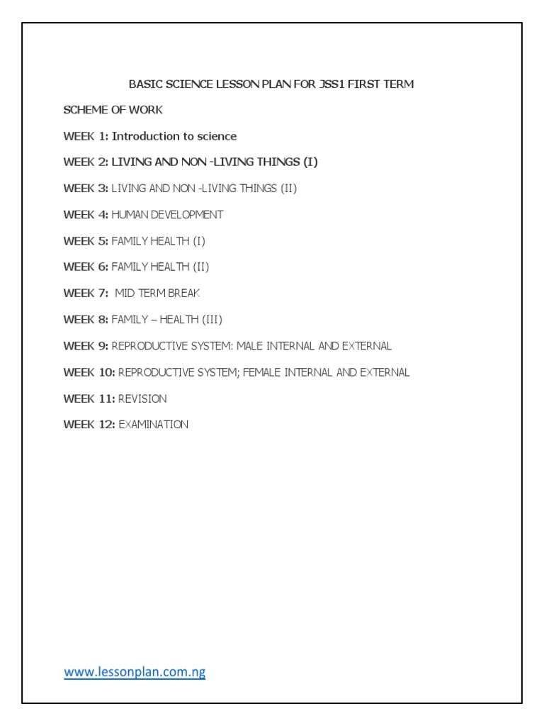 Basic Science Lesson Plan For JSS1 First Term | PDF