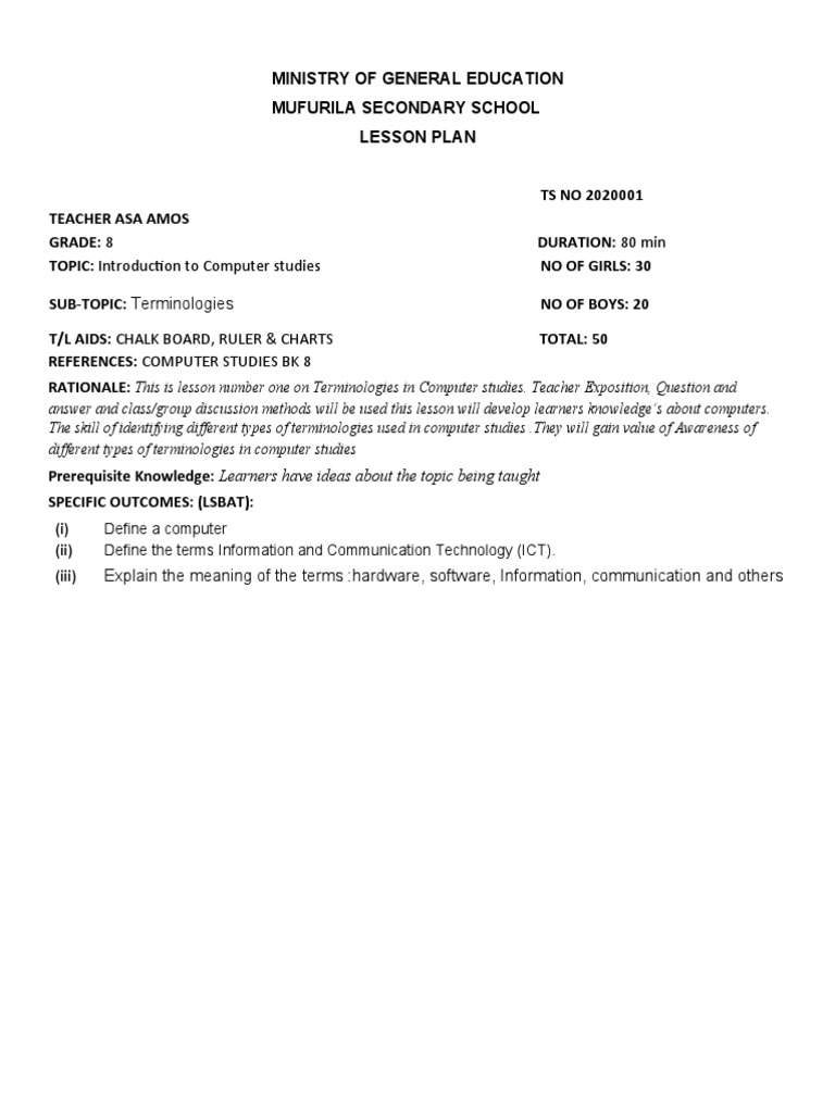 COMPUTER STUDIES LESSON PLANS G8 by Phiri D PDF | PDF | Input/Output ...