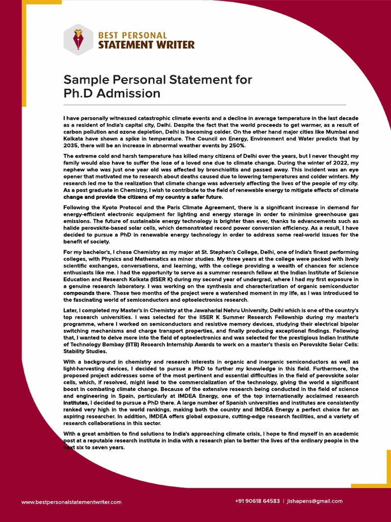 Sample Personal Statement For PHD Admission | PDF