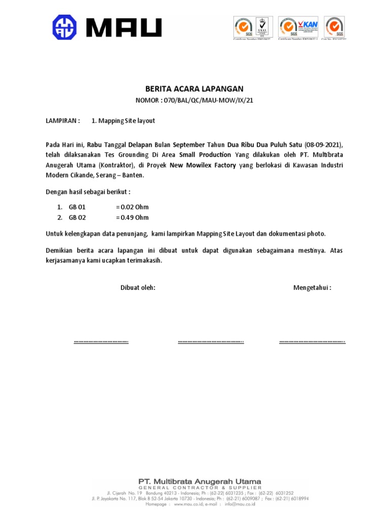 070 BERITA ACARA LAPANGAN Pengetesan Grounding GB Small Production ...