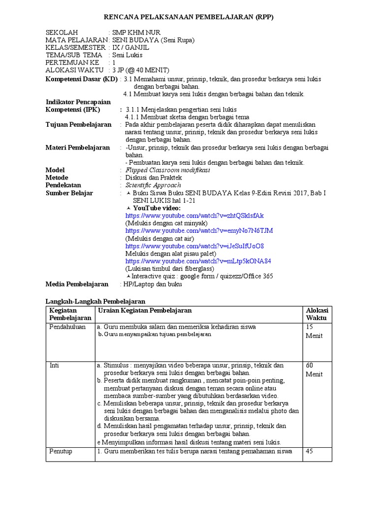 RPP (Seni Budaya) Kelas 9 (Semester Ganjil THN Pelajaran 2022-2023) | PDF