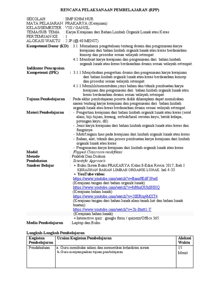 RPP (PRAKARYA) Kelas 8 (Semester Ganjil THN Pelajaran 2022-2023) | PDF