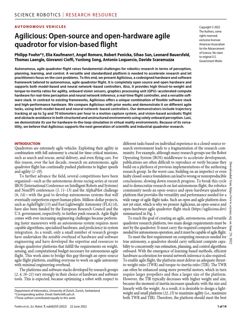 2022 - Agilicious Open-Source and Open-Hardware Agile Quadrotor For Vision-Based Flight | PDF