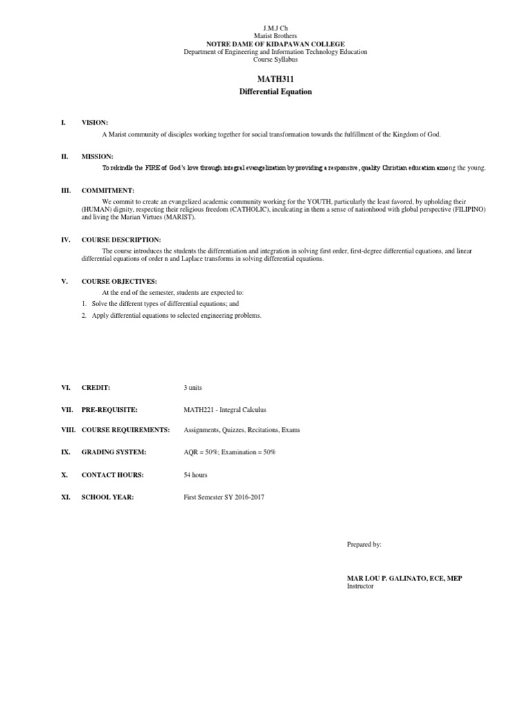 MATH311-Differential Equation SYLLABUS | PDF