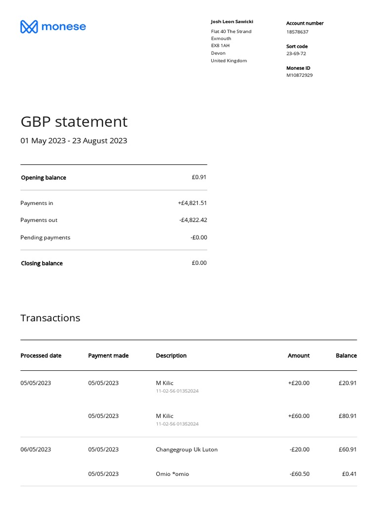 Monese Statement 01 May 2023 - 23 August 2023 | PDF | Trade | Financial ...