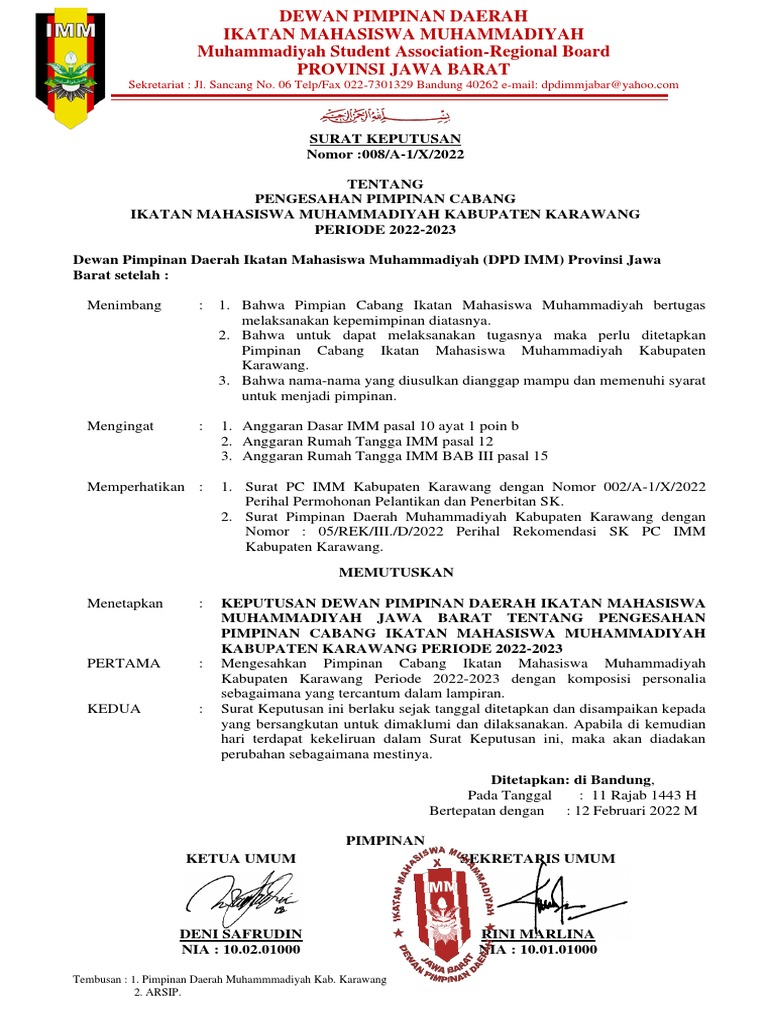 008 - SK Pengurus PC IMM Kab. Karawang 2022 - 2023 | PDF