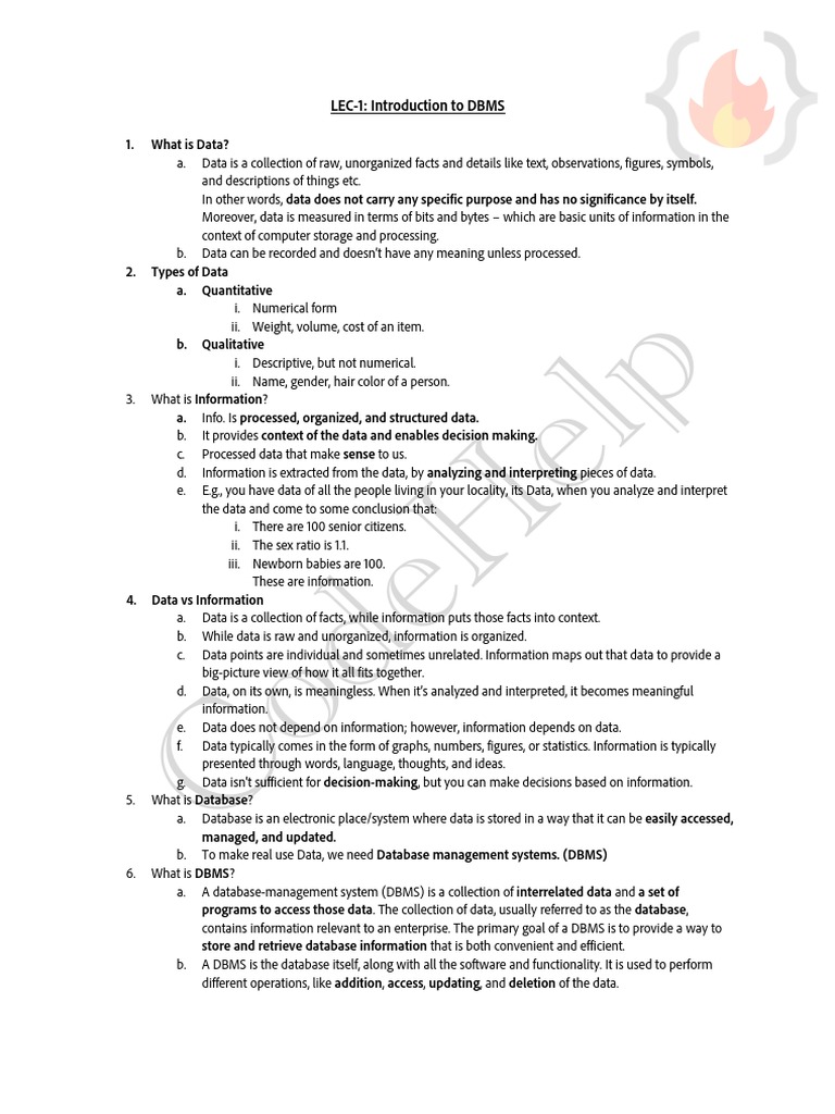 DBMS Full Notes | PDF | Relational Database | Databases DBMS Full Notes | PDF | Relational Database | Databases