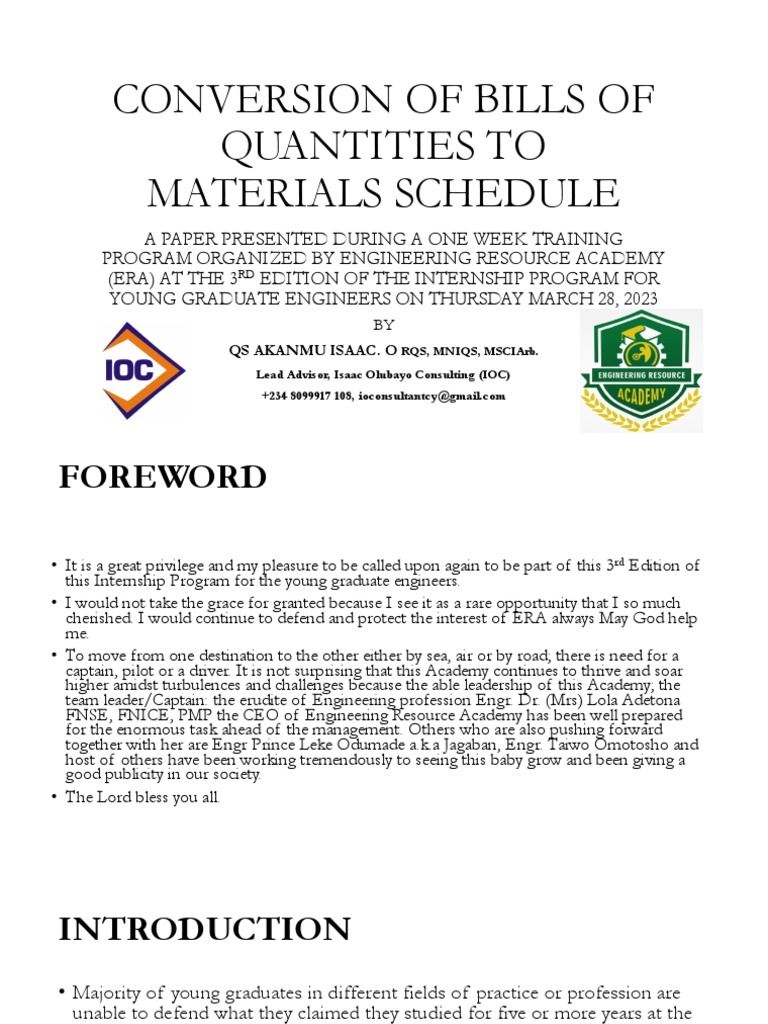 Conversion of Bills of Quantities To Materials Schedule 3rd Edition of Era Internship Training ...