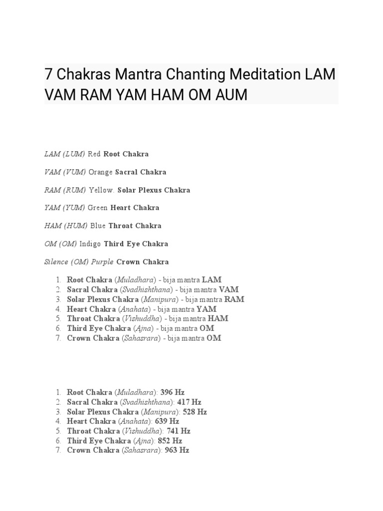7 Chakras Mantra Chanting Meditation LAM VAM RAM YAM HAM OM AUM | PDF