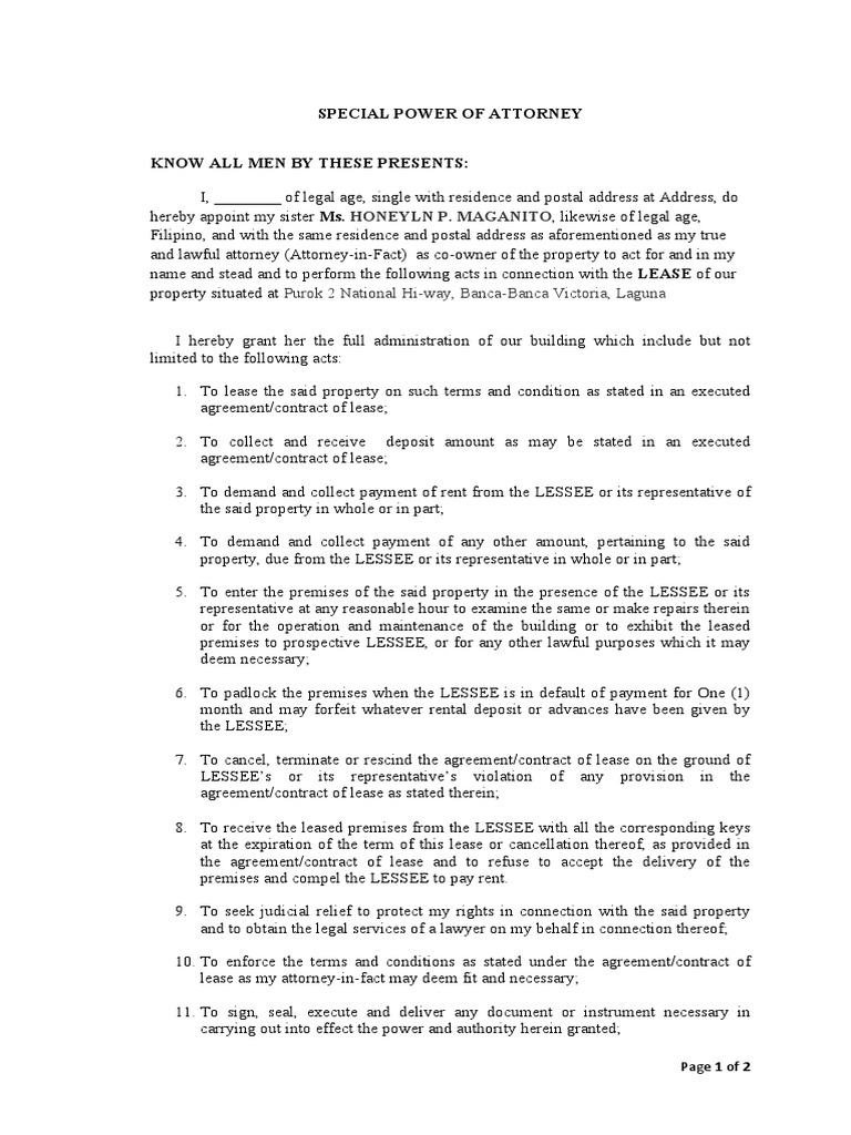 Special Power of Attorney Lease | Download Free PDF | Lease | Power Of Attorney