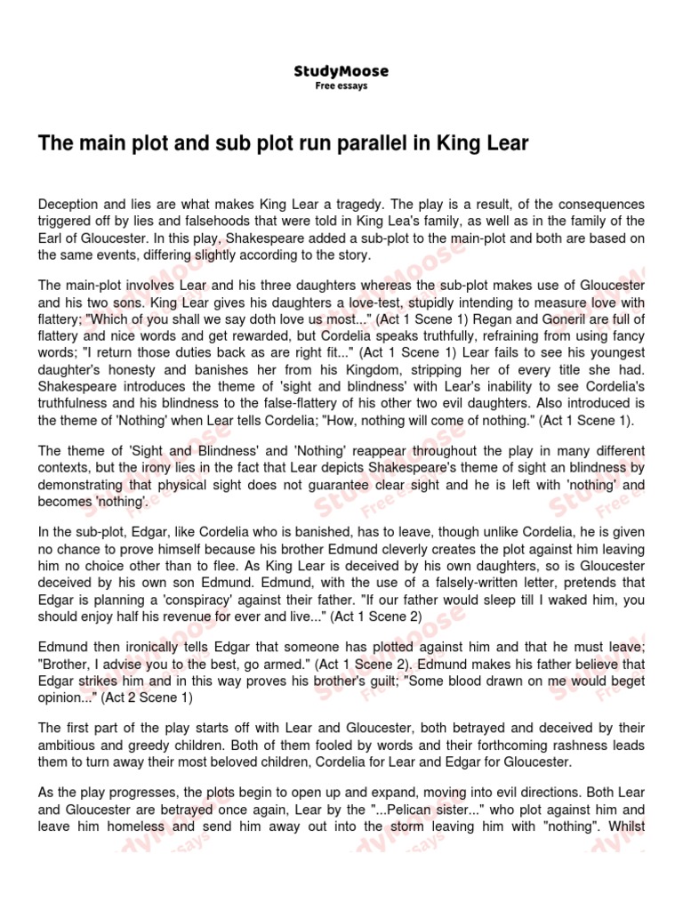 The Main Plot and Sub Plot Run Parallel in King Lear | PDF | King Lear