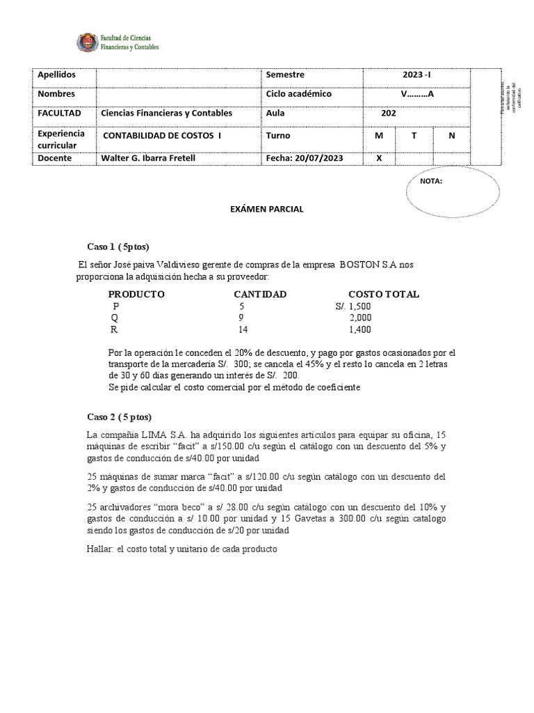 Examen Parcial A Costo 1 | PDF | Servicios financieros | Contabilidad