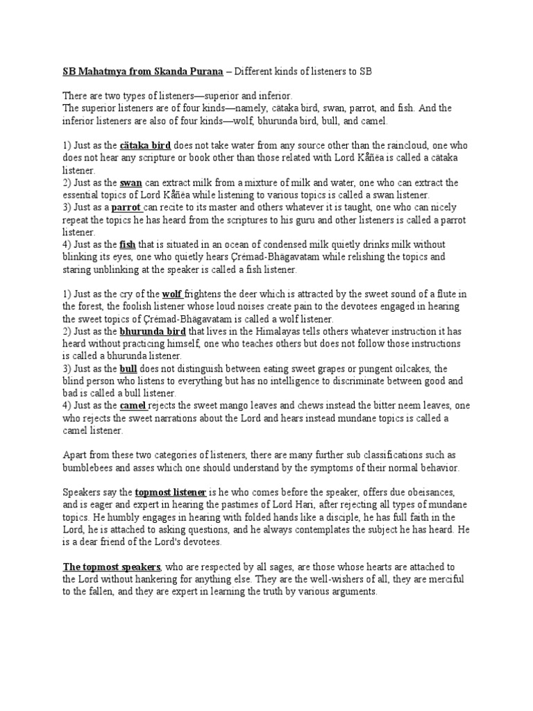 Types of Listeners in SB Mahatmya | PDF | Language Arts & Discipline ...