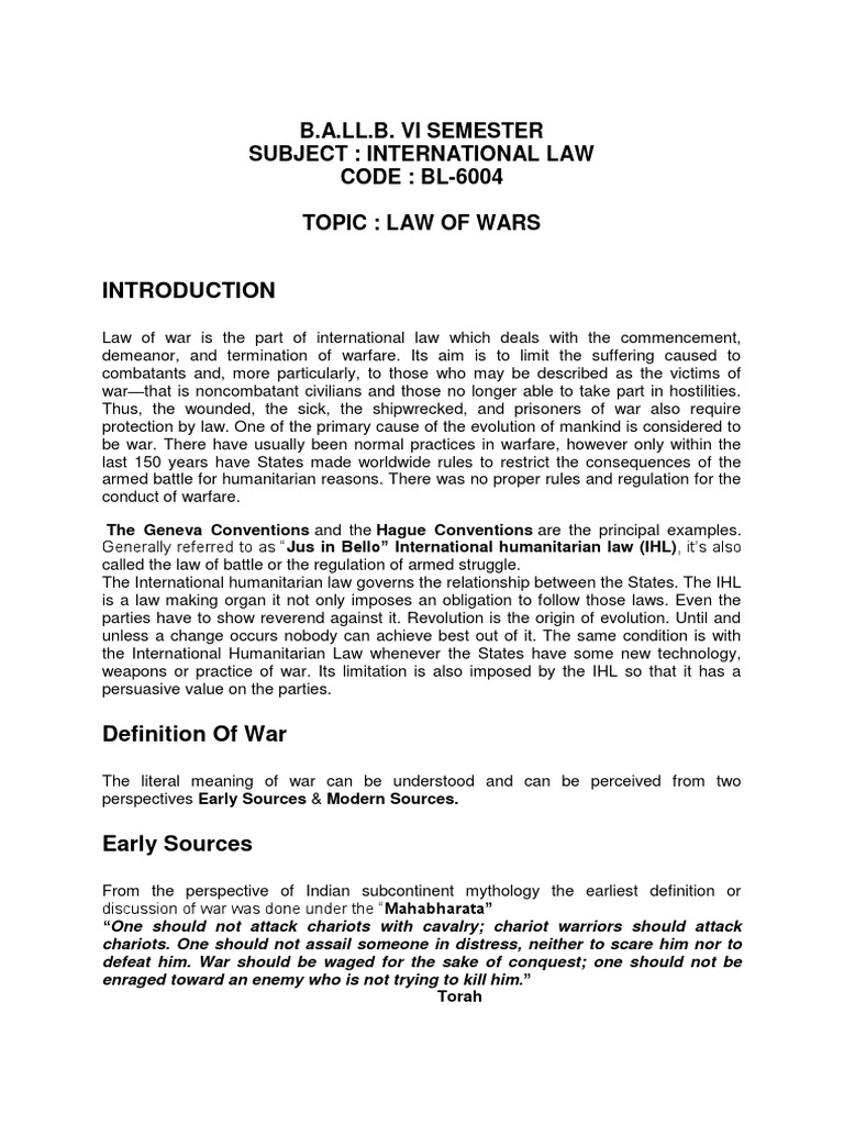 BA LLB VI SEM INTERNATIONAL LAW BL 6004 Lecture On Law of Wars | PDF ...