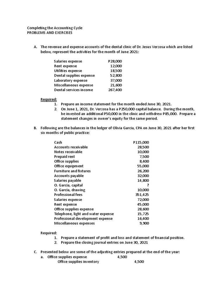 Accounting Cycle Exercises and Solutions | PDF | Expense | Debits And ...