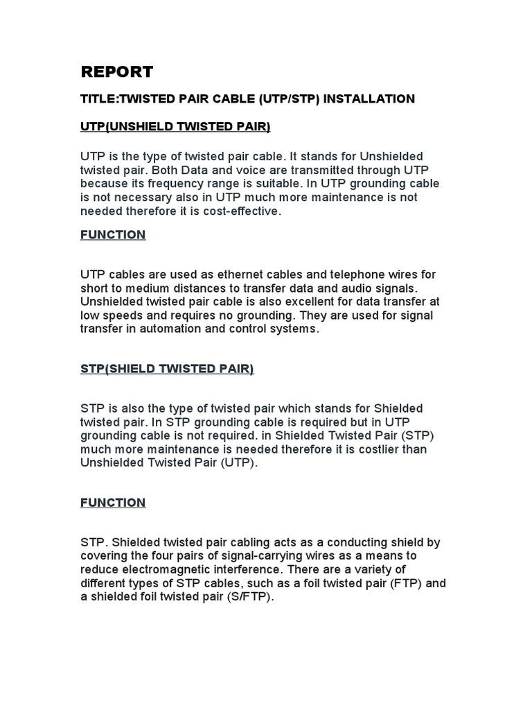 Report Utp &STP Cable | PDF | Electromagnetism | Electronic Engineering