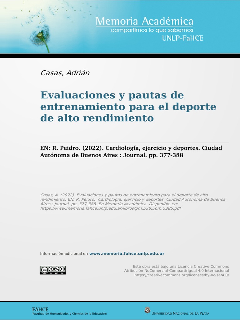 Evaluaciones y Pautas de Entrenamiento para El Deporte de Alto Rendimiento. Adrián Casas | PDF