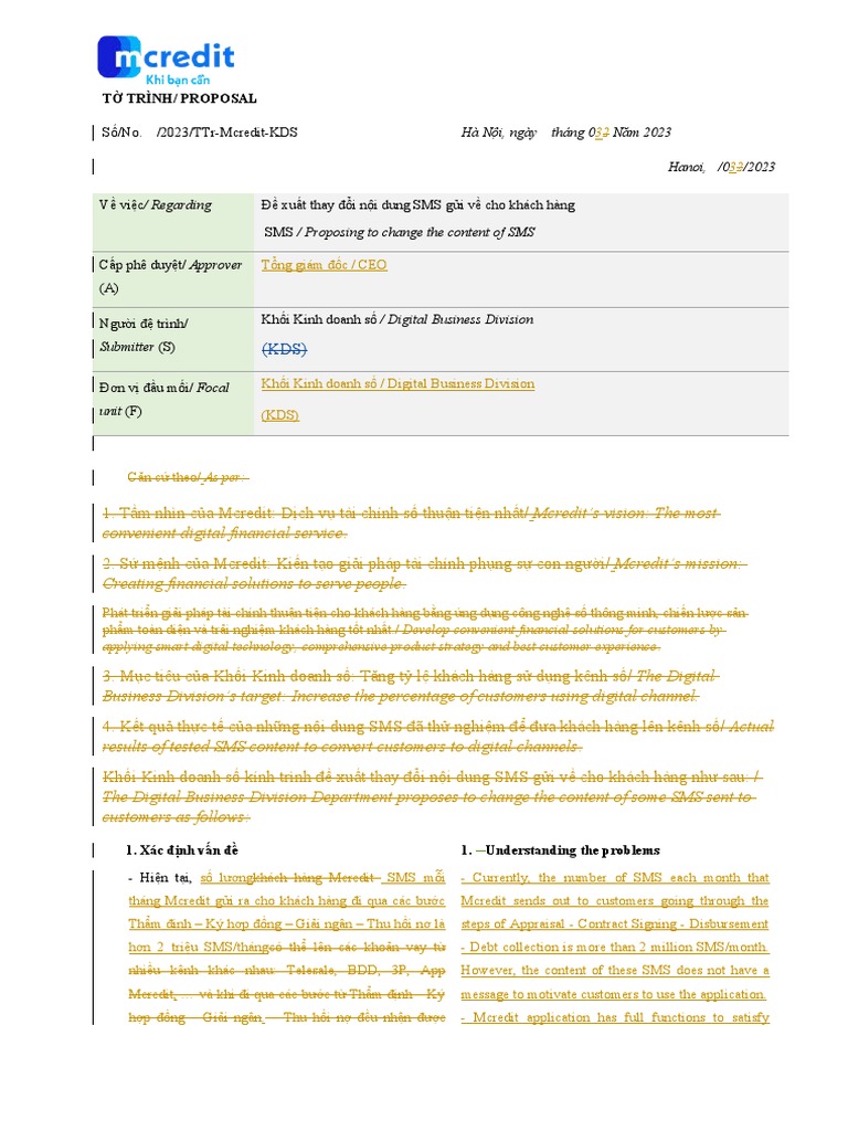 KDS_Tờ trình thay đổi nội dung SMS (RV) | PDF