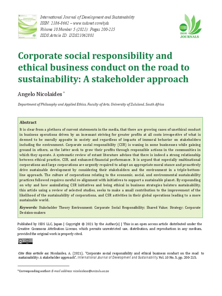 Corporate Social Responsibility and Ethical Business Conduct | PDF ...