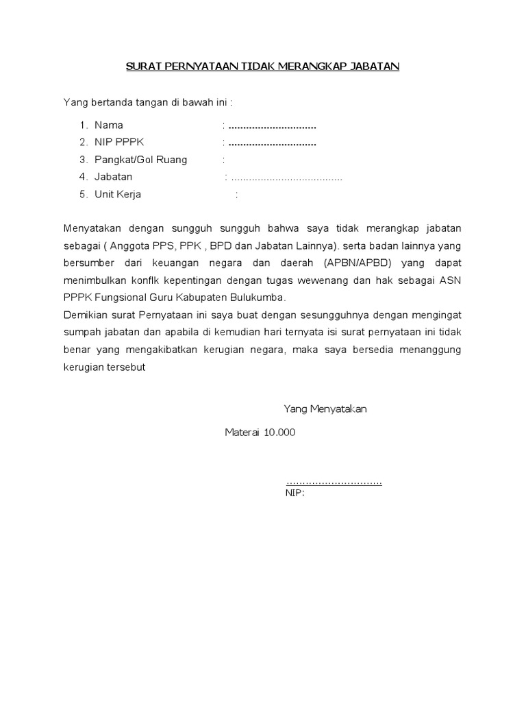 Surat Pernyataan Tidak Merangkap Jabatan | PDF