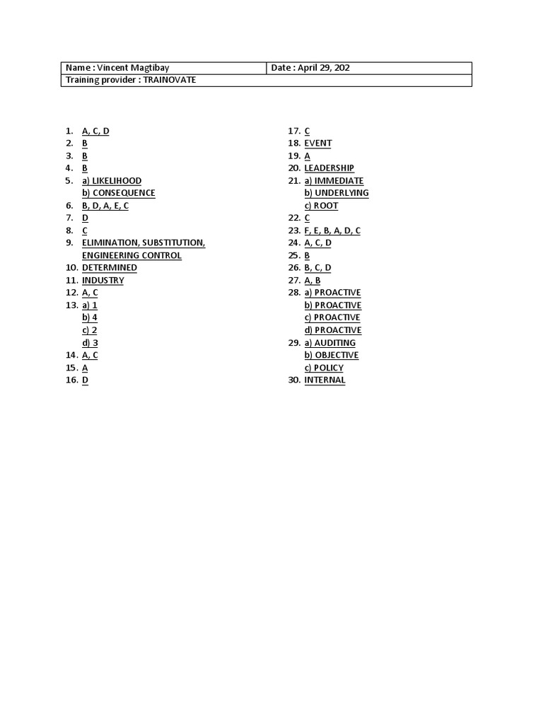 IOSH Exam 2 Answer Sheet | PDF