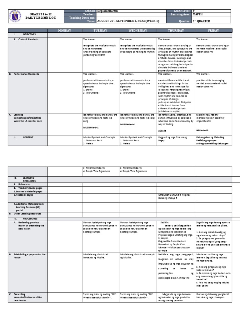 DLL - Mapeh 5 - Q1 - W1 | PDF | Learning | Cognitive Science