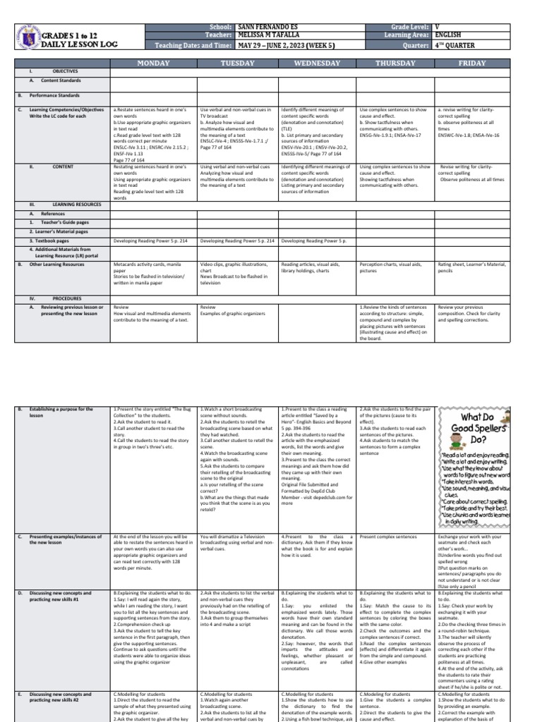DLL - English 5 - Q4 - W5 | PDF DLL - English 5 - Q4 - W5 | PDF